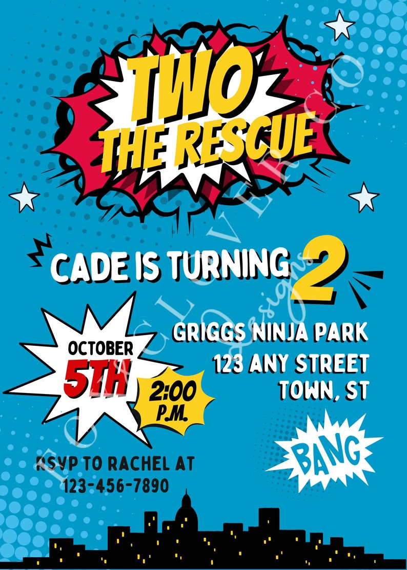 Two the Rescue Birthday Invite Template Second Birthday Superhero Comic ...