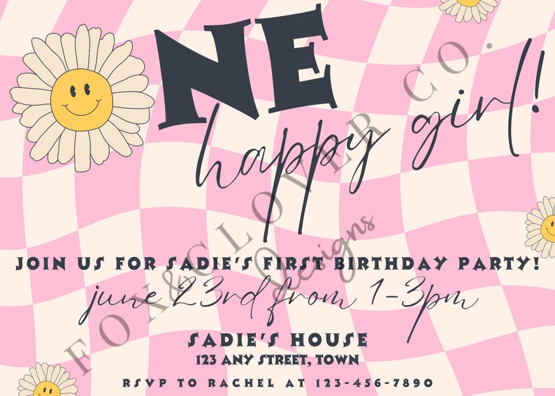 ONE Happy Girl Birthday Invitation Custom Made First Birthday Flowers ...