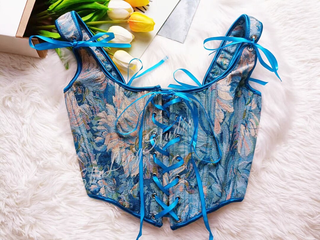 Blue Corset Top Renaissance Corset Top Floral Underbust - Etsy