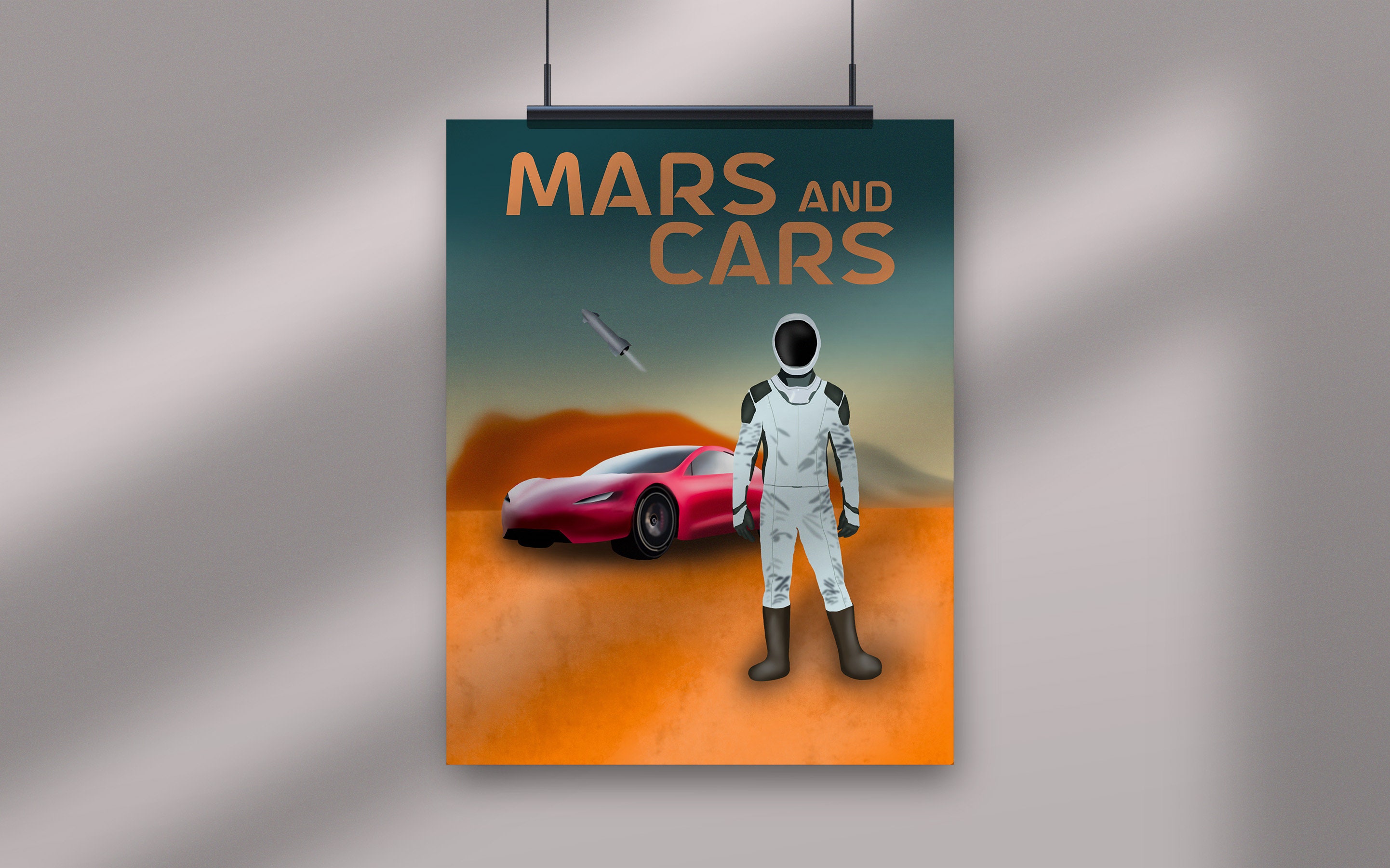 Mars and Cars Poster | Spacex Astronaut | Tesla Roadster | Poster ...
