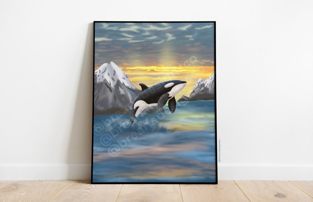 A Orca's Sunset Swim | Orca Whale Poster | Poster | Illustrated Poster ...
