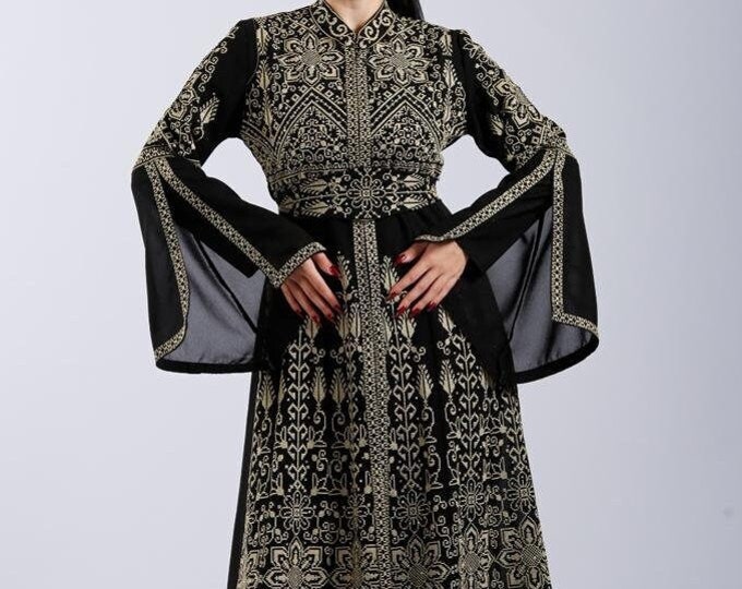 Palestinian Thobe Embroidery Maxi Dress Black and Gold Sunbola - Etsy
