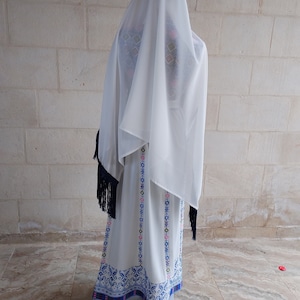 Palestinian Thobe Dress Tatreez White and Blue With Tarha Headpiece ...