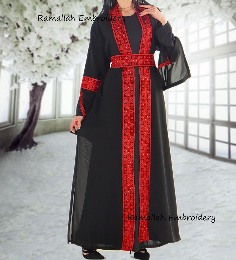 Palestinian Abaya Bisht Thobe Tatreez Red and Black With Free Under ...