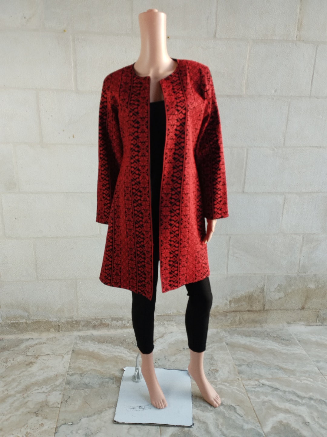 Palestinian Tatreez Embroidery Jacket Fellahi Black and Red Knee Reach ...