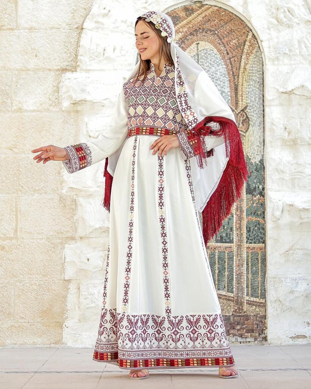 Palestinian Thobe Dress Tatreez White With Tarha Headpiece Included. - Etsy