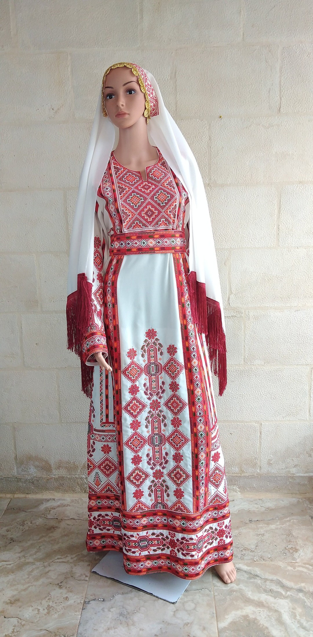 Palestinian Thobe Tatreez Fellahi Malaka White and Red Luxury ...