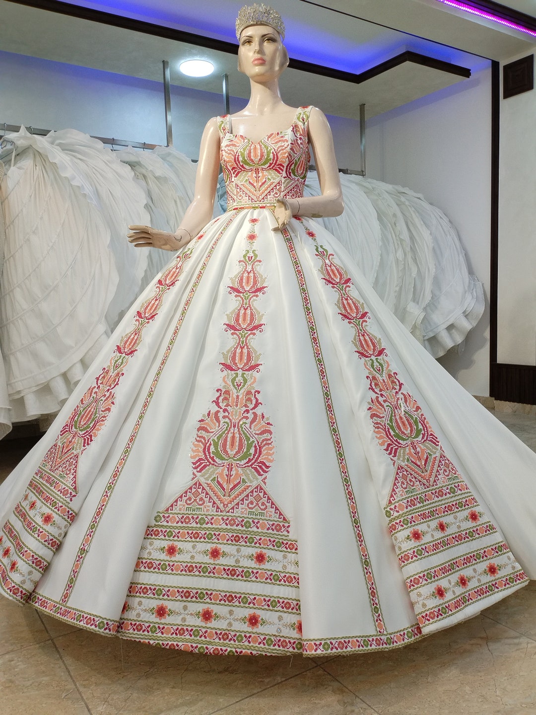 Palestinian Bridal Tatreez Embroidery Wedding White Dress With Puff. - Etsy