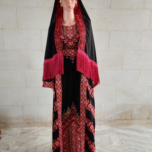 Palestinian Tatreez Tarha Scarf Headpiece Embroidery Black and Red With ...
