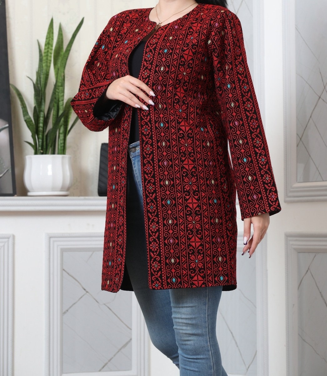 Palestinian Tatreez Embroidery Jacket Black and Red Knee Reach - Etsy
