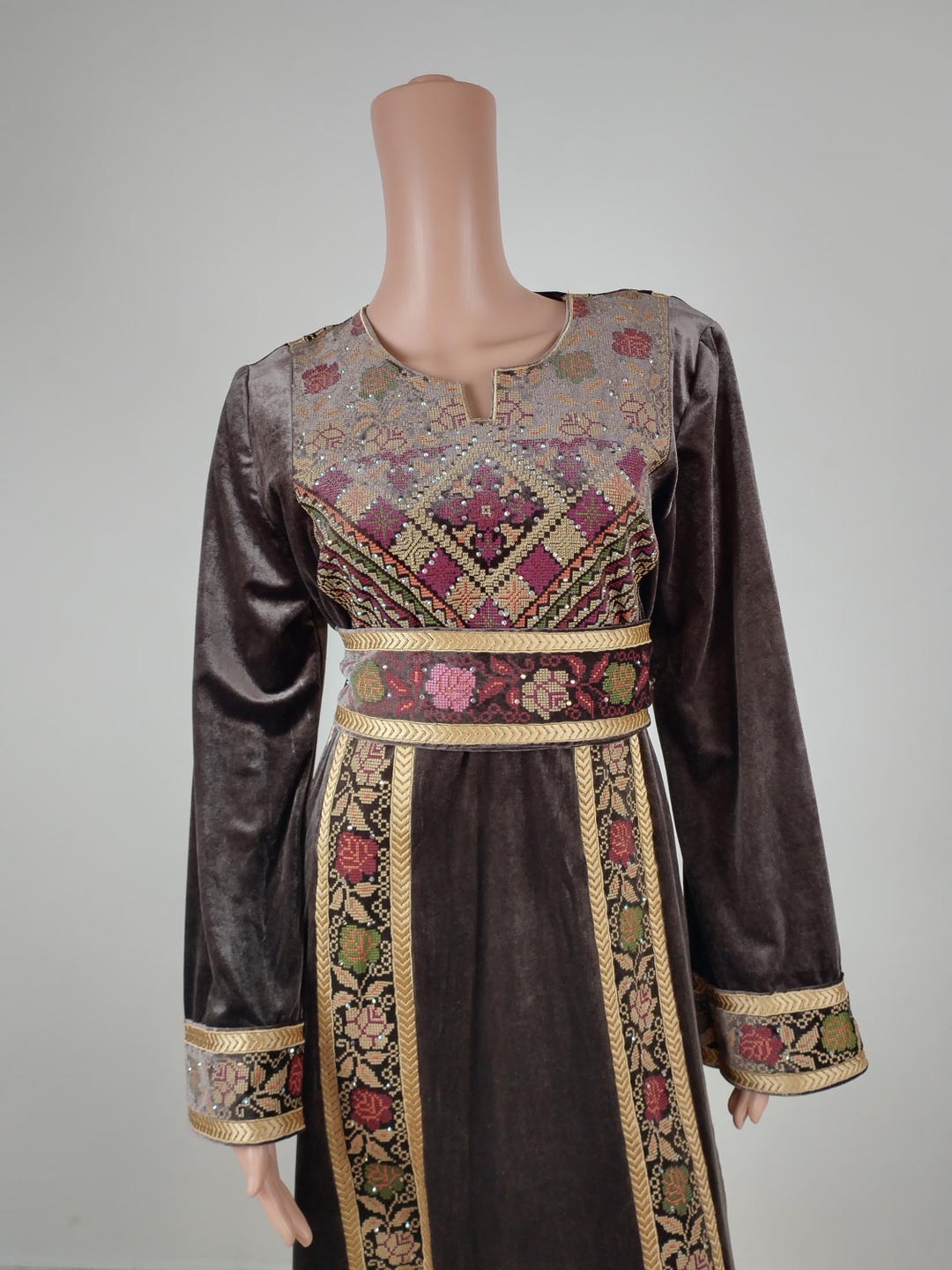Palestinian Thobe Thob Embroidery Tatreez Brown Velvet With Golden ...