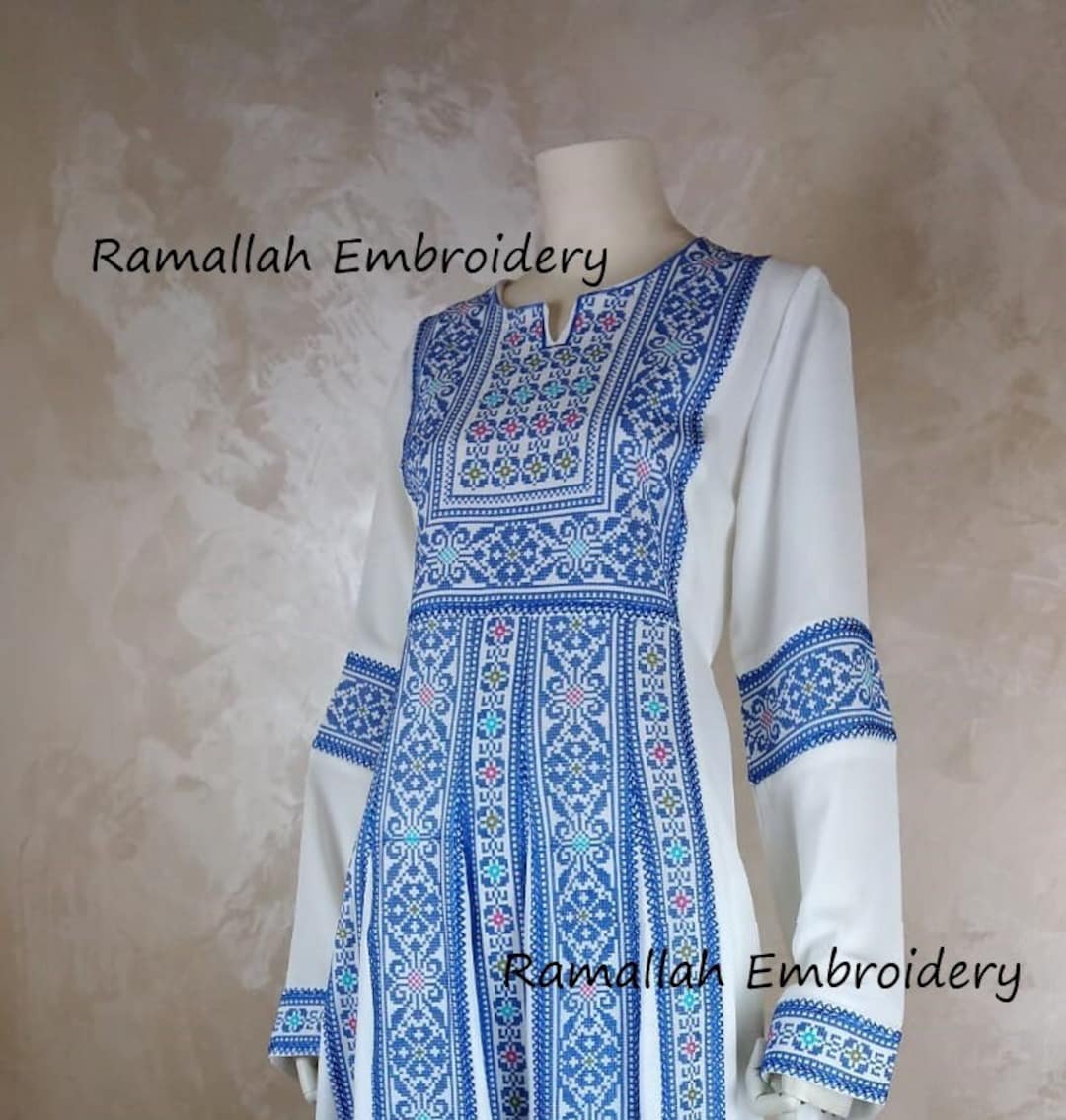 Palestinian Thobe Embroidery Tatreez Dress Blue and White - Etsy