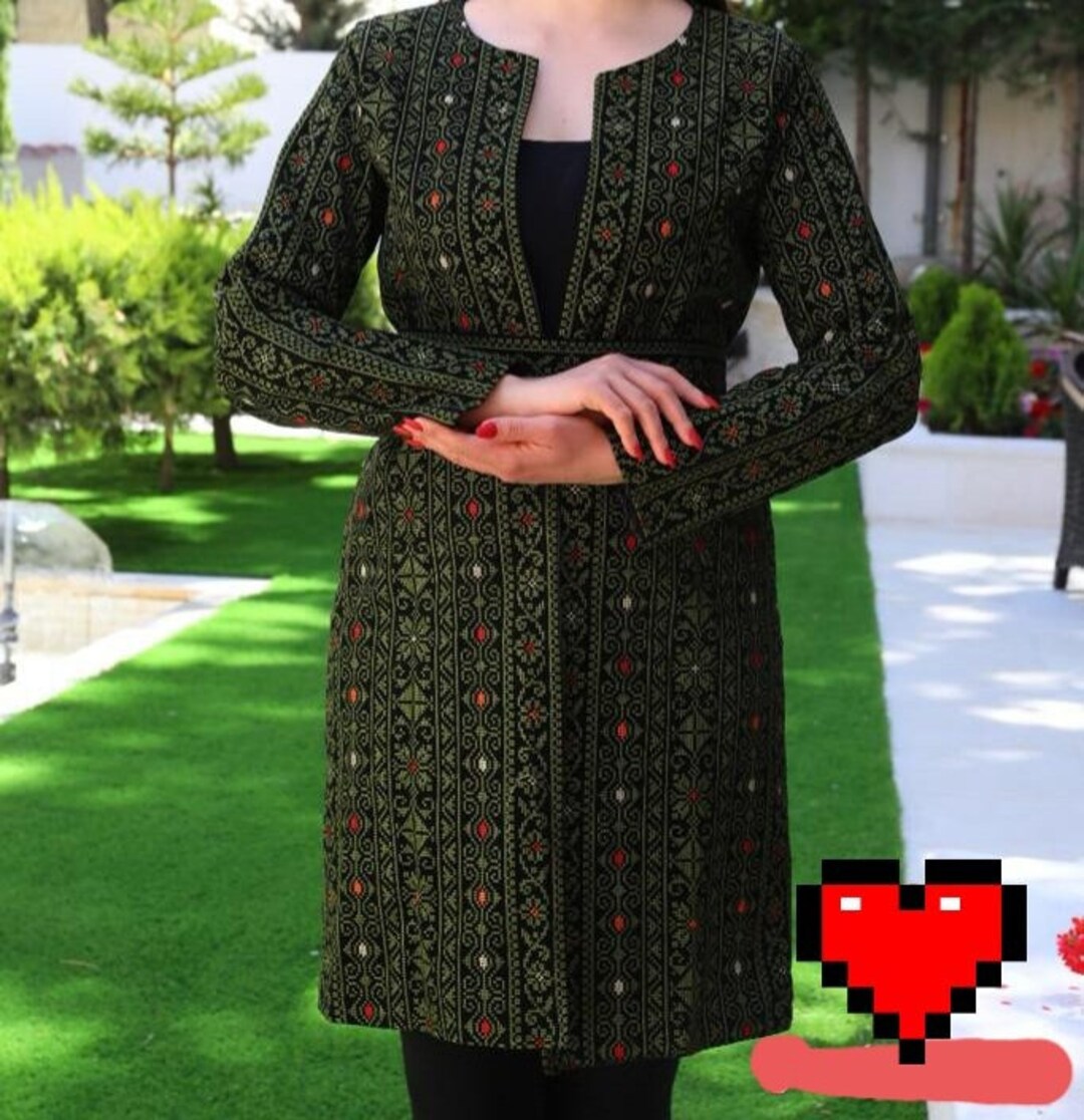 Palestinian Tatreez Embroidery Jacket Black and Green Knee Reach - Etsy