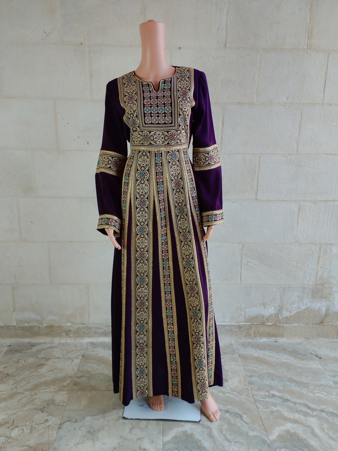 Palestinian Thobe Tatreez Dress Maxi Purple With Golden Embroidery ...