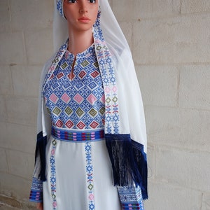 Palestinian Thobe Dress Tatreez White and Blue With Tarha Headpiece ...