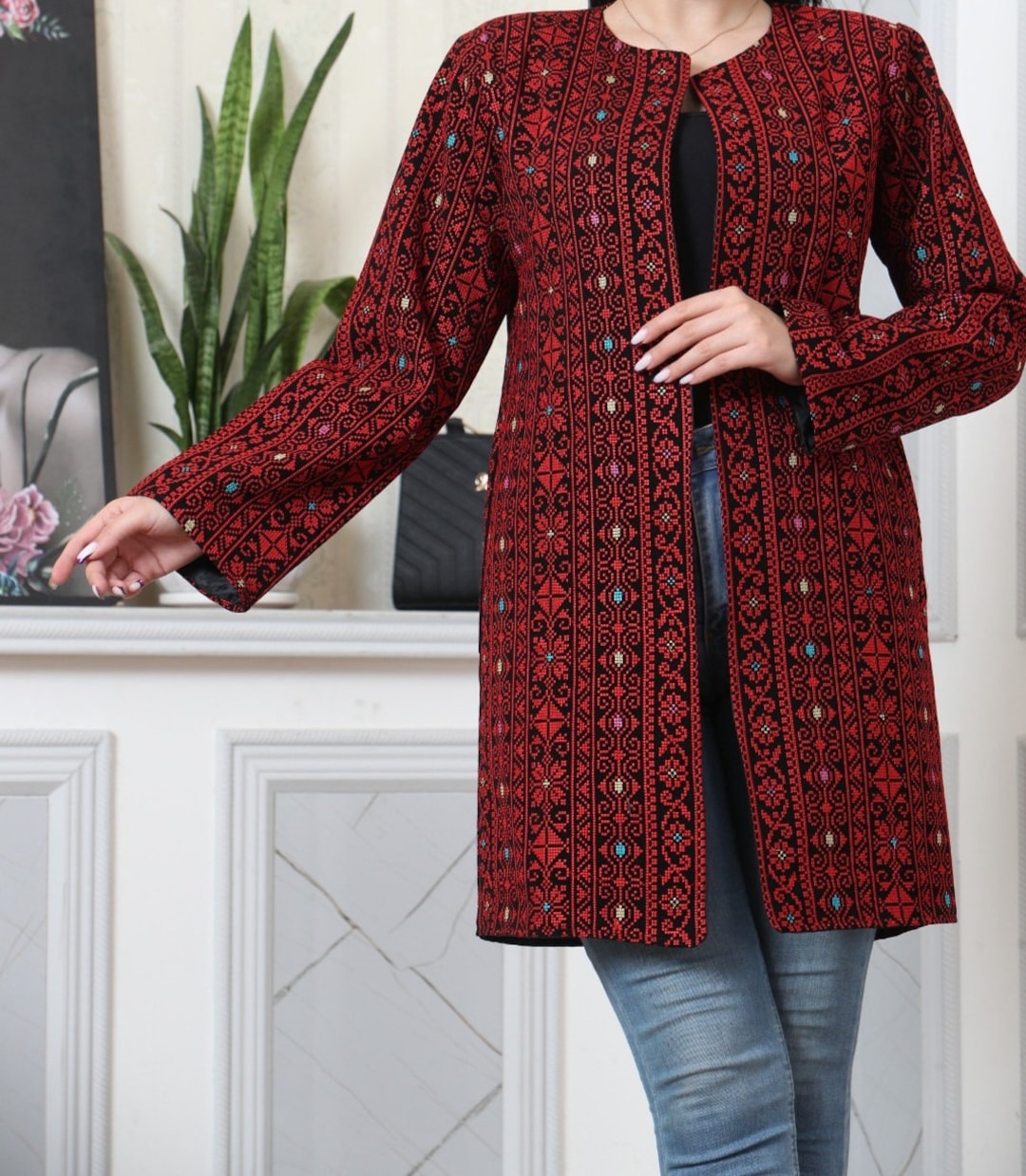 Palestinian Tatreez Embroidery Jacket Black and Red Knee Reach - Etsy