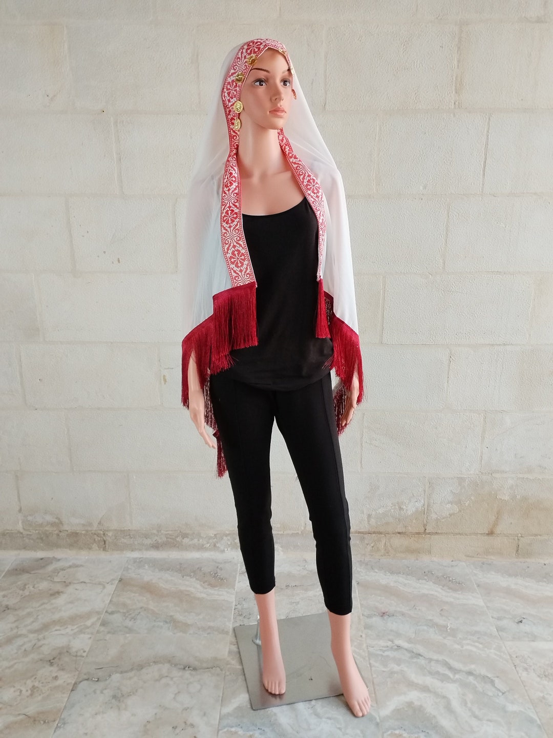 Palestinian Tatreez Tarha Scarf Headpiece Embroidery White and Red With ...