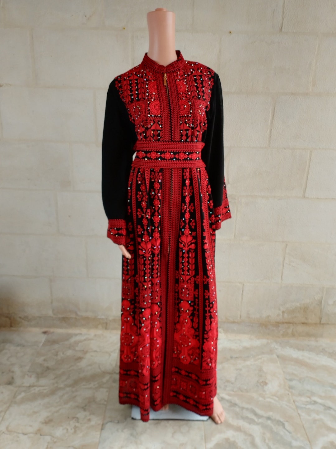Palestinian Thobe Embroidery Tatreez Dress Black and Red Sailor Design ...