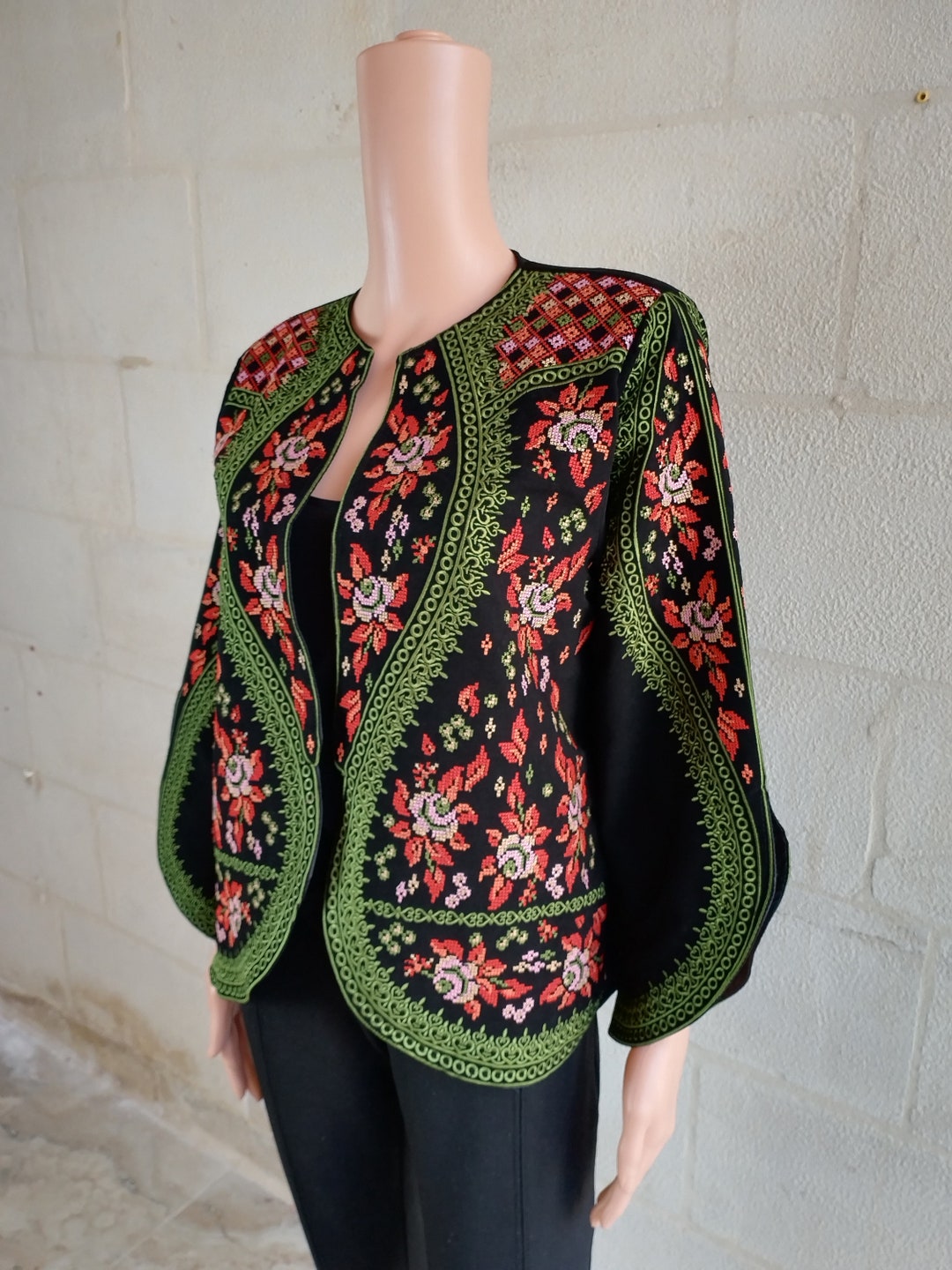Palestinian Tatreez Design Embroidery Jacket Black and Green Solo Open ...