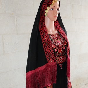 Palestinian Tatreez Tarha Scarf Headpiece Embroidery Black and Red With ...