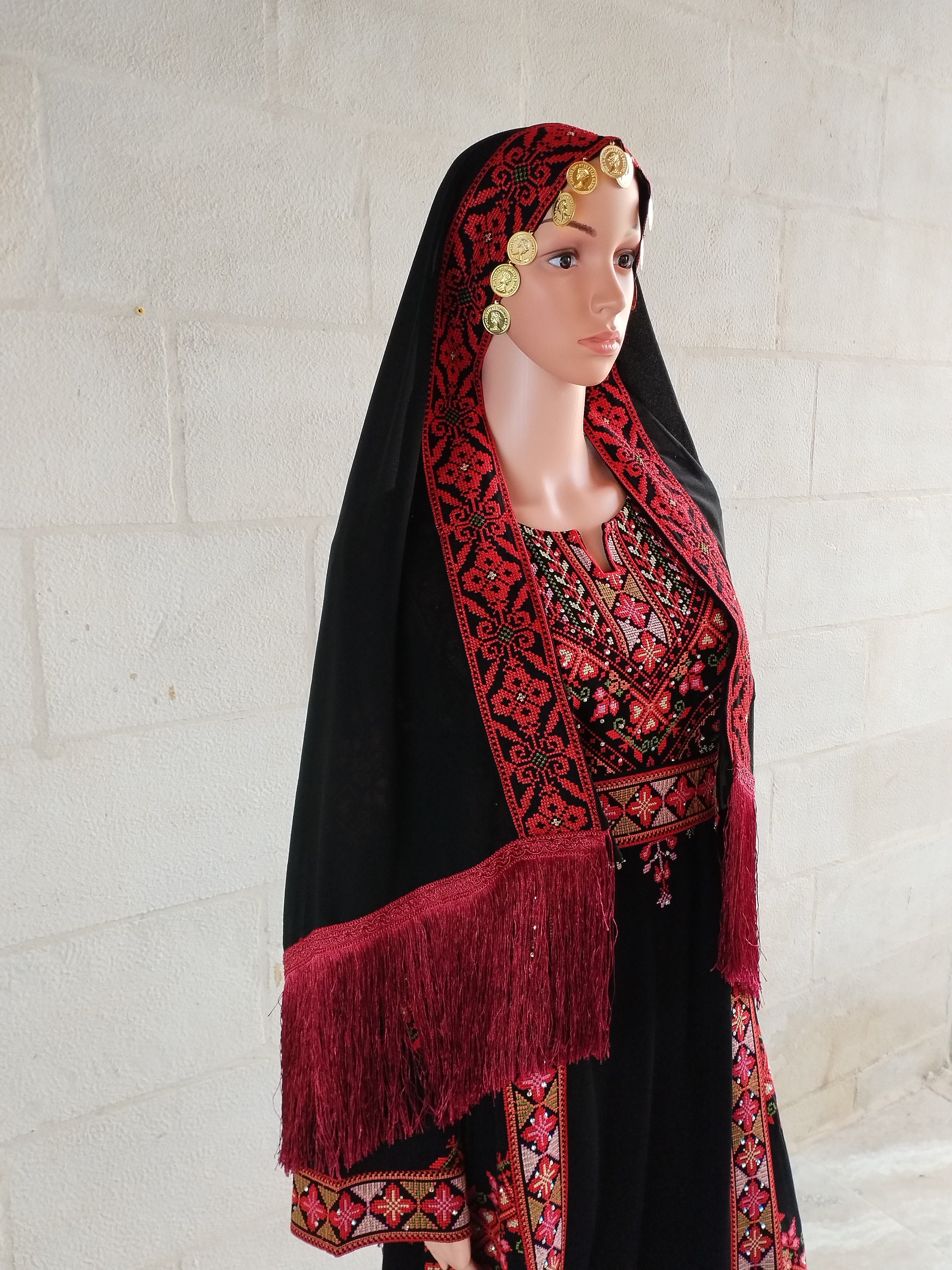 Palestinian Tatreez Tarha Scarf Headpiece Embroidery Black and Red With ...