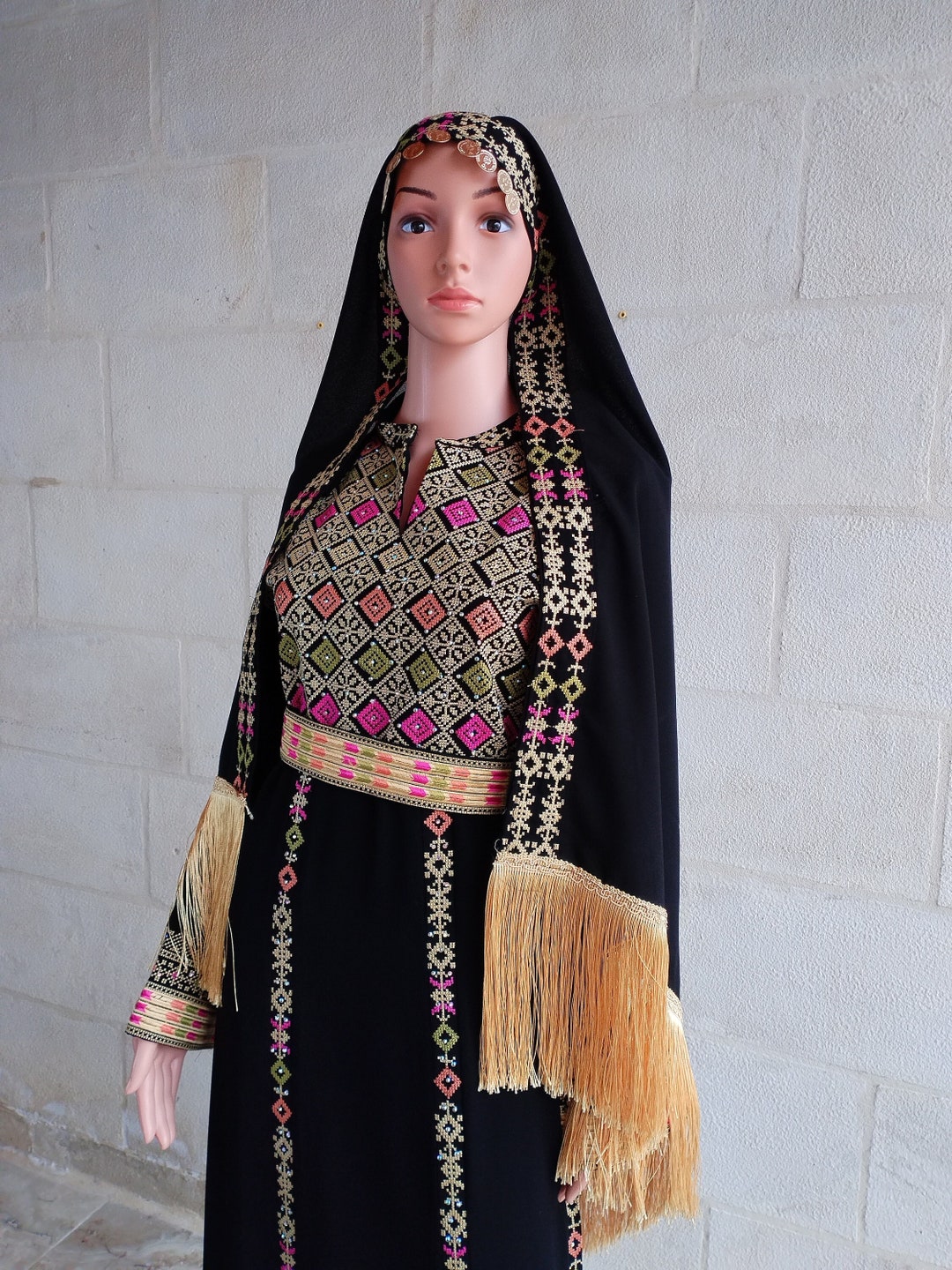 Palestinian Thobe Dress Tatreez Black and Golden With Tarha Headpiece ...