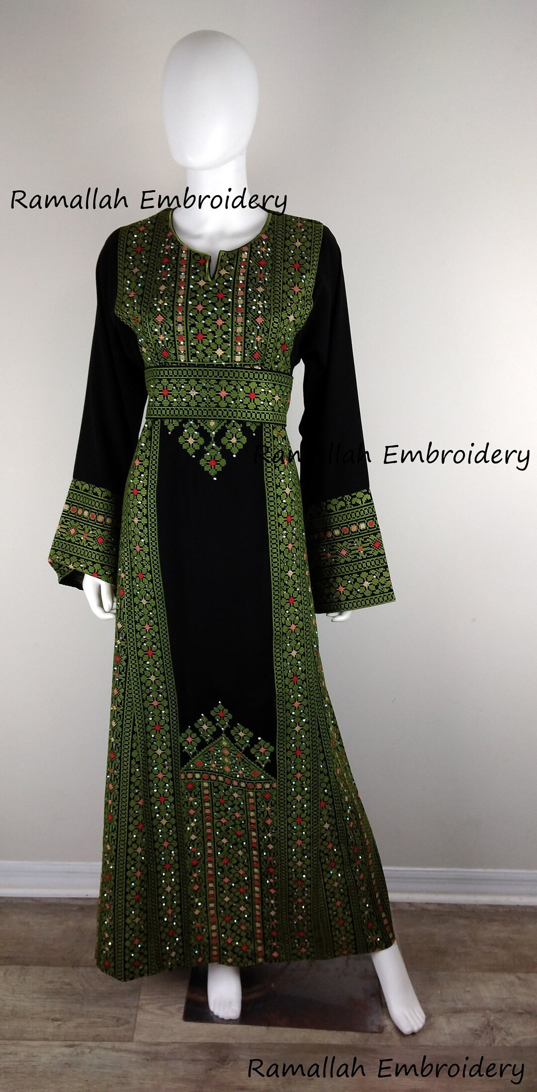 Buy Palestinian Kaftan Thobe Thob Embroidery Amira Black With Green ...