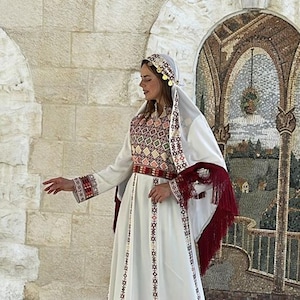 Palestinian Thobe Dress Tatreez White With Tarha Headpiece Included. - Etsy
