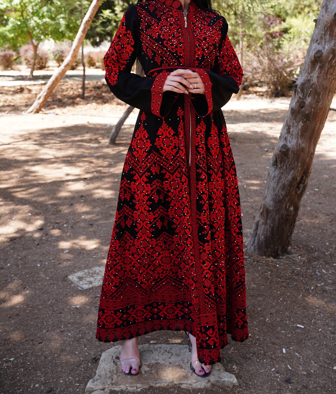 Palestinian Kaftan Thobe Thob Embroidery Black With Red Tatreez Al Masa ...