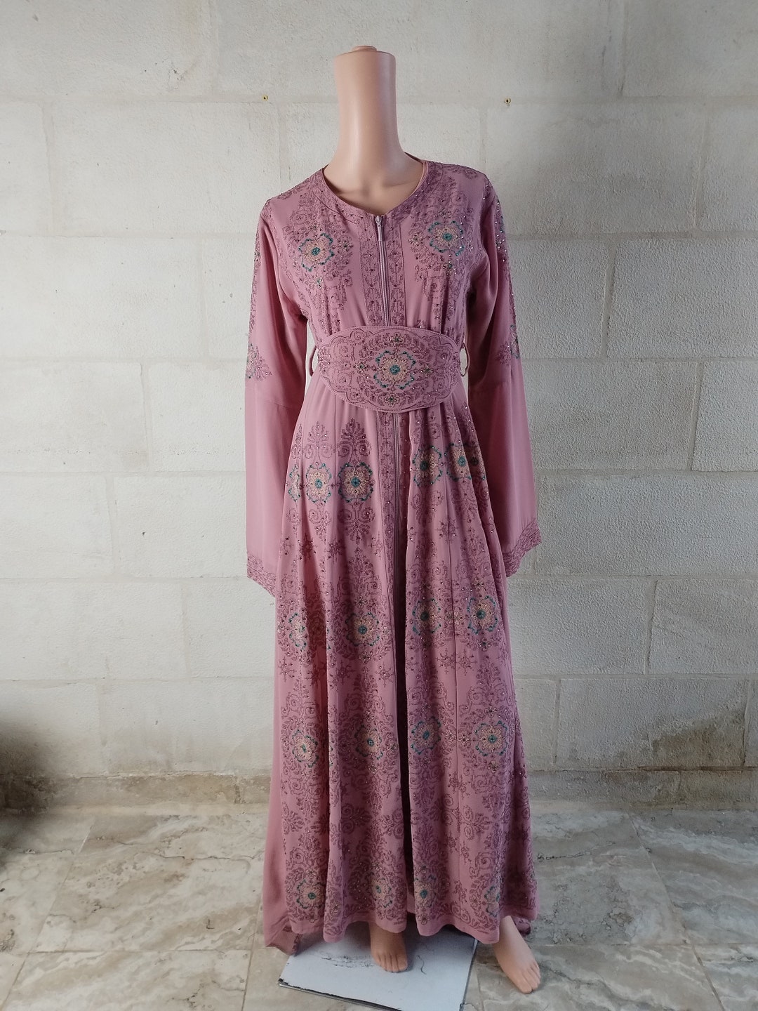 Palestinian Thobe Embroidery Maxi Dress Pink Sunbola With Tail. - Etsy