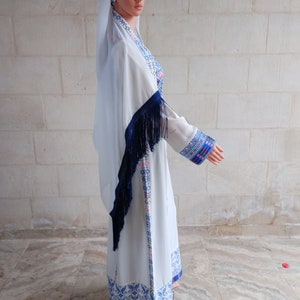 Palestinian Thobe Dress Tatreez White and Blue With Tarha Headpiece ...