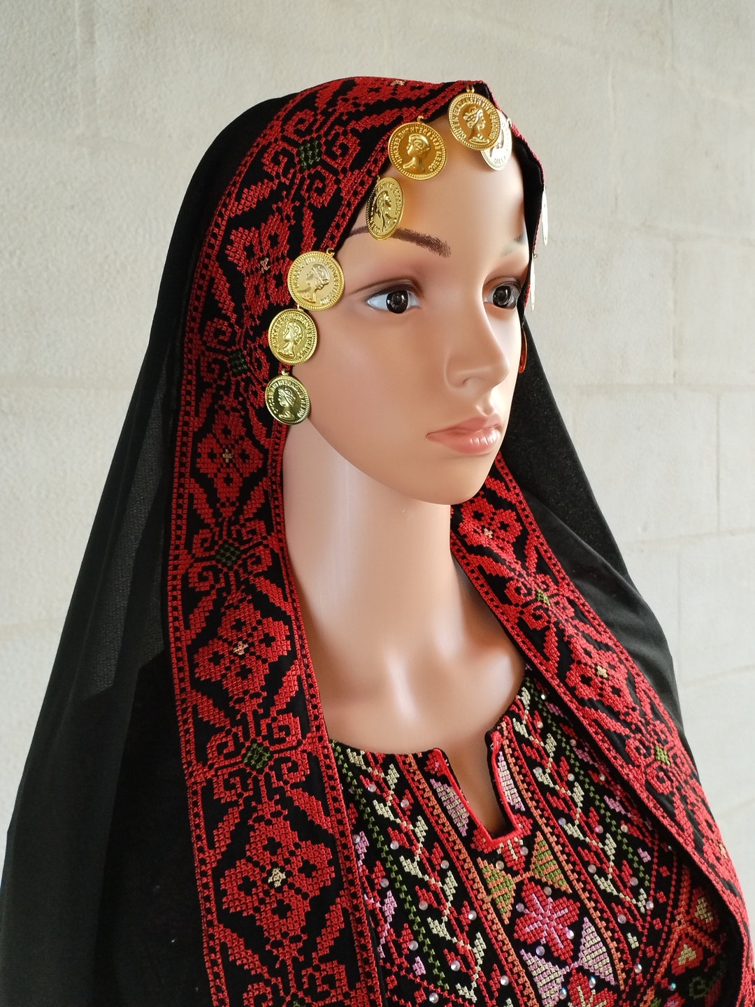 Palestinian Tatreez Tarha Scarf Headpiece Embroidery Black and Red With ...