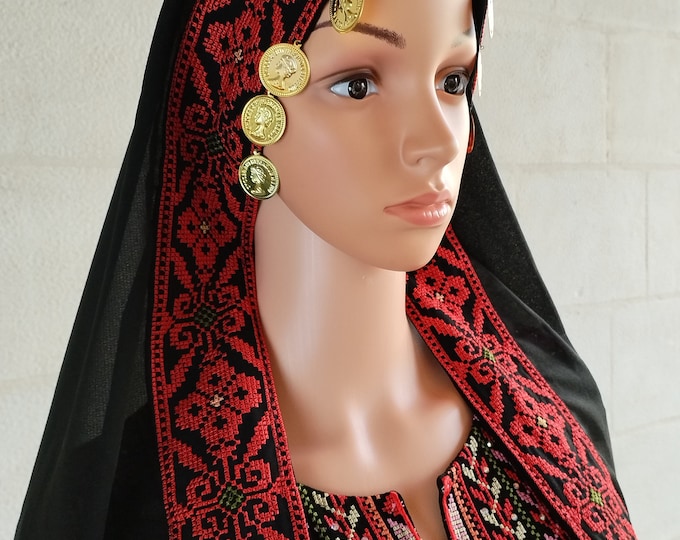 Palestinian Tatreez Tarha Scarf Headpiece Embroidery Black and Red With ...