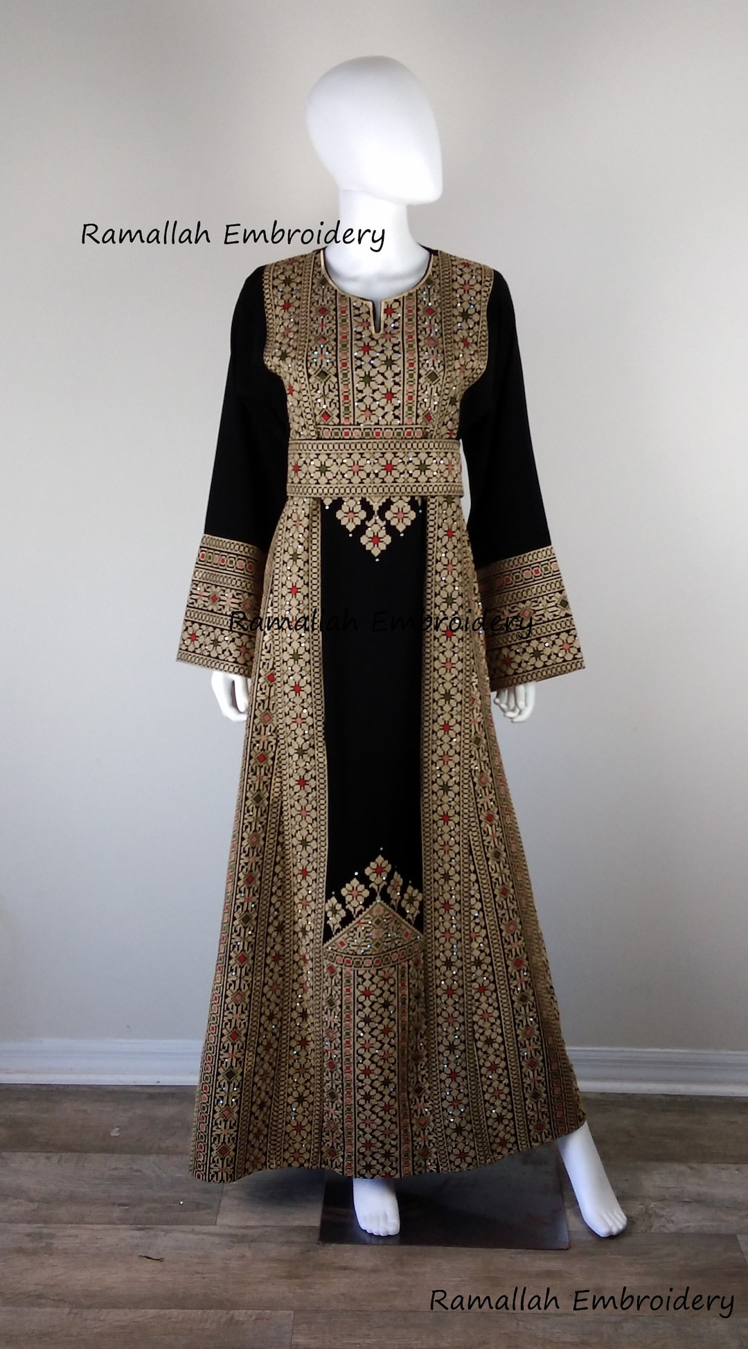 Palestinian Embroidery Thobe Thob Maxi Dress Tatreez Amira Gold and ...
