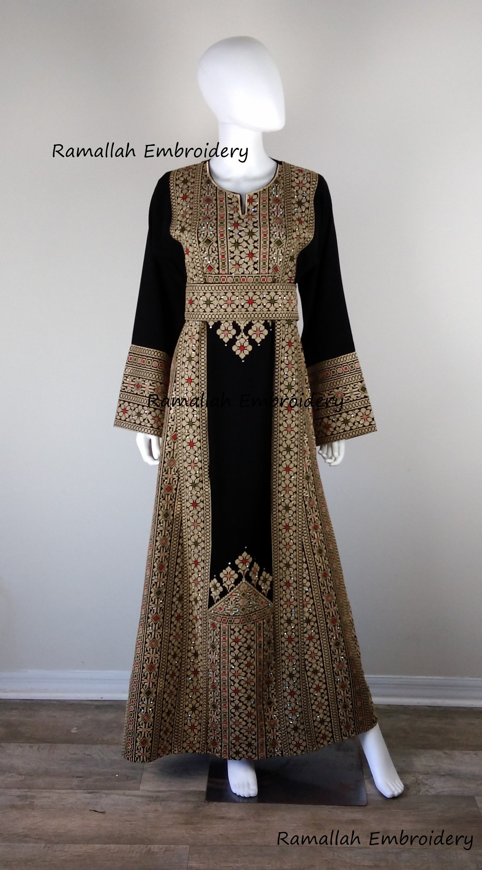 Palestinian Embroidery Thobe Thob Maxi Dress Tatreez Amira Gold and ...