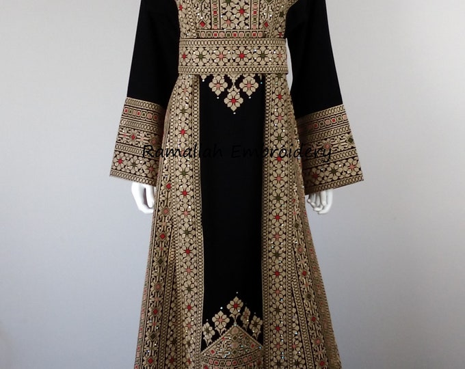 Palestinian Embroidery Thobe Thob Maxi Dress Tatreez Amira Gold and ...
