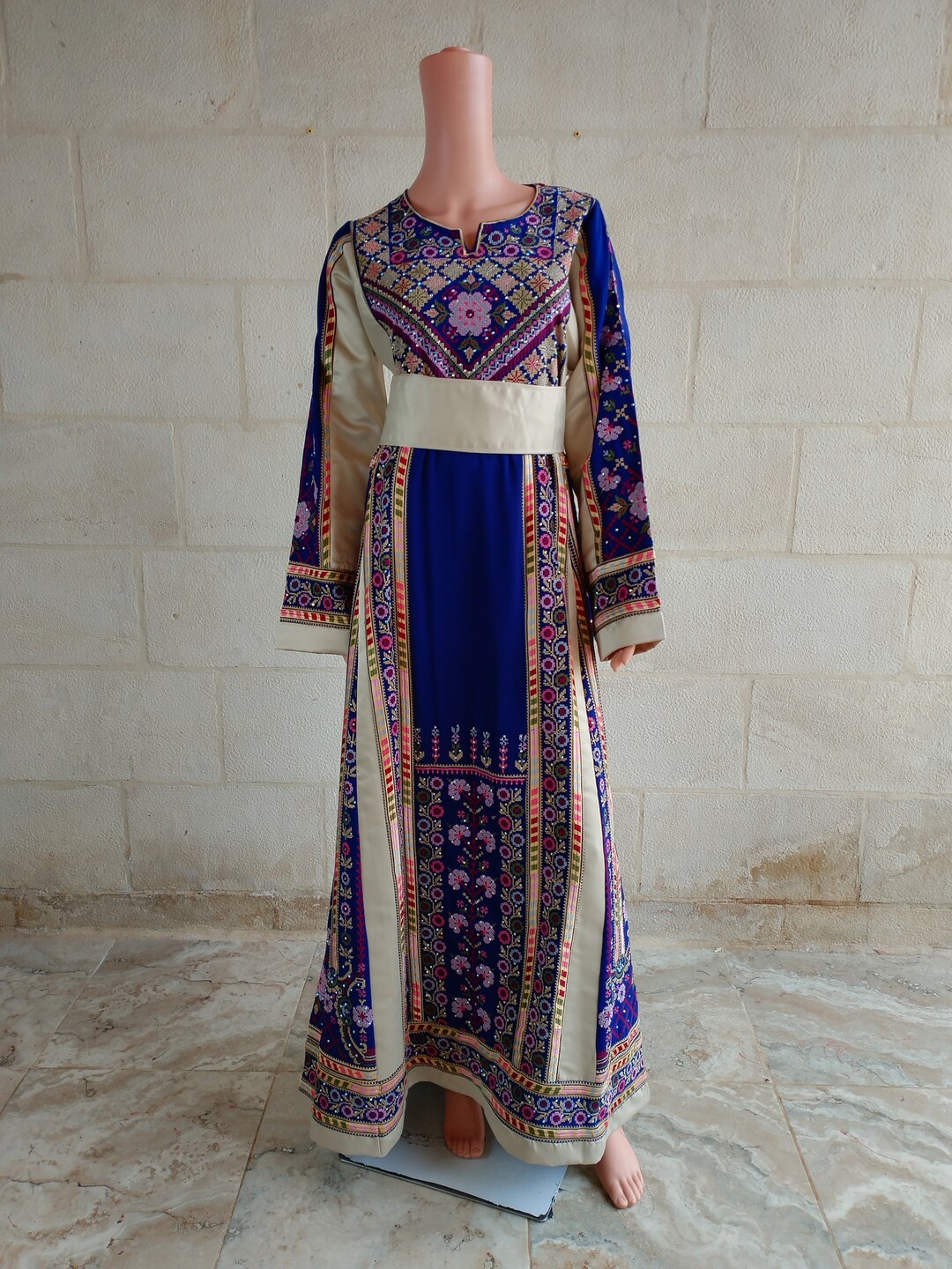 Palestinian Thobe Tatreez Blue and Golden Fellahi With Golden Satan ...