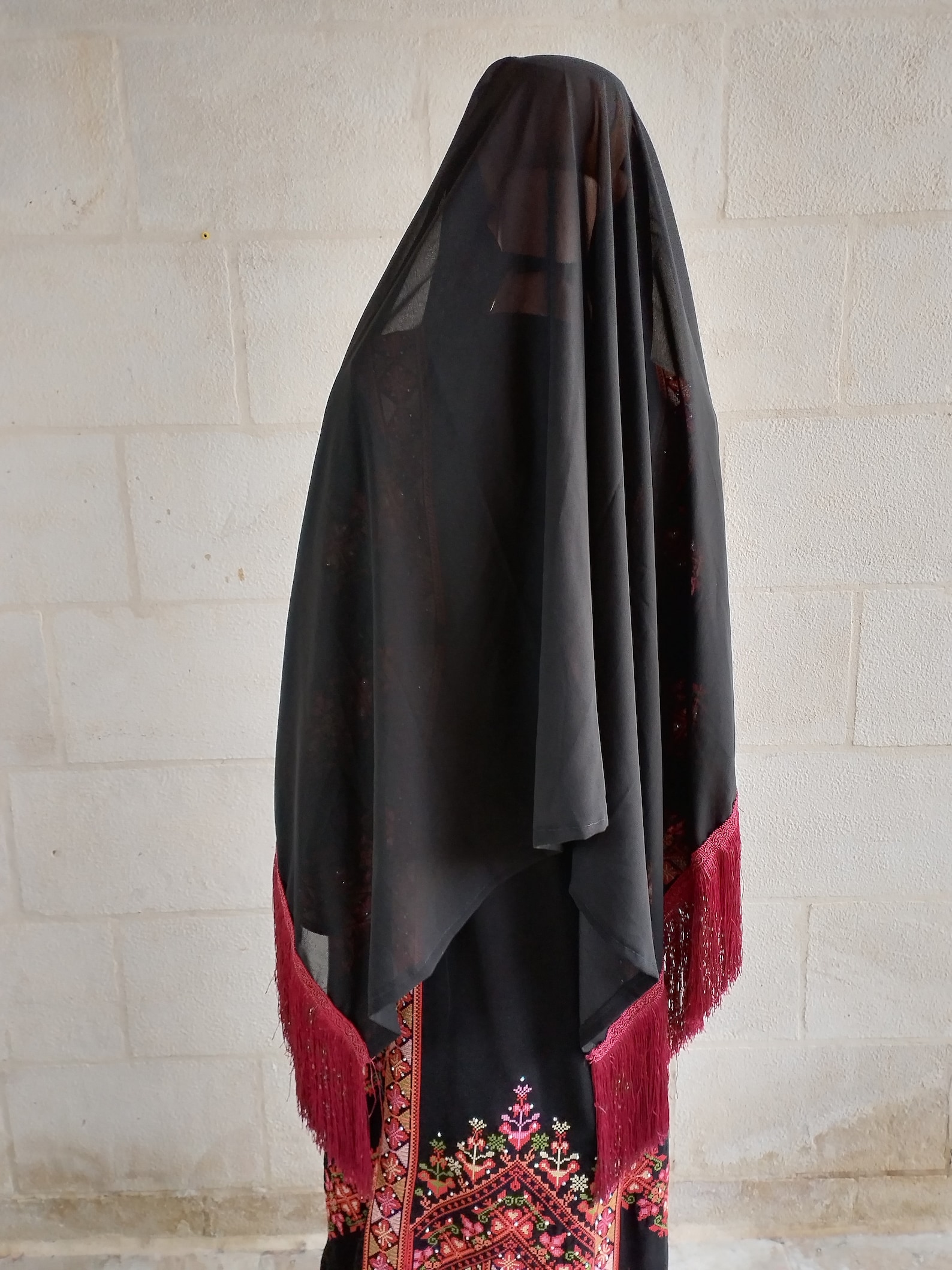 Palestinian Tatreez Tarha Scarf Headpiece Embroidery Black and Red With ...