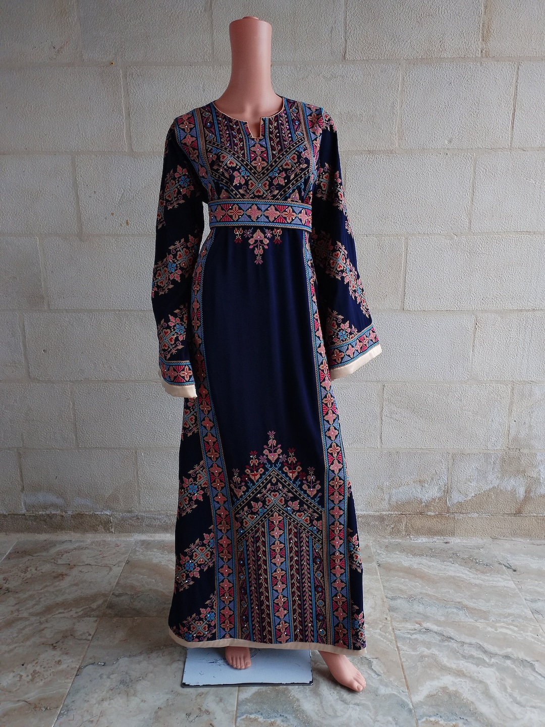 Palestinian Thobe Tatreez Dress Navy Blue and Red Embroidery Connect - Etsy