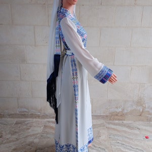Palestinian Thobe Dress Tatreez White and Blue With Tarha Headpiece ...