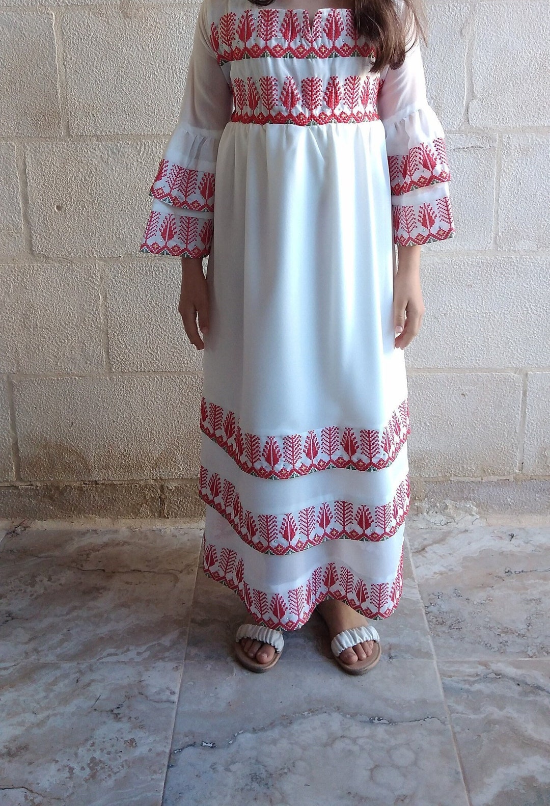 Little Girl Palestinian Embroidered Ruffle White Dress Thobe Kaftan ...
