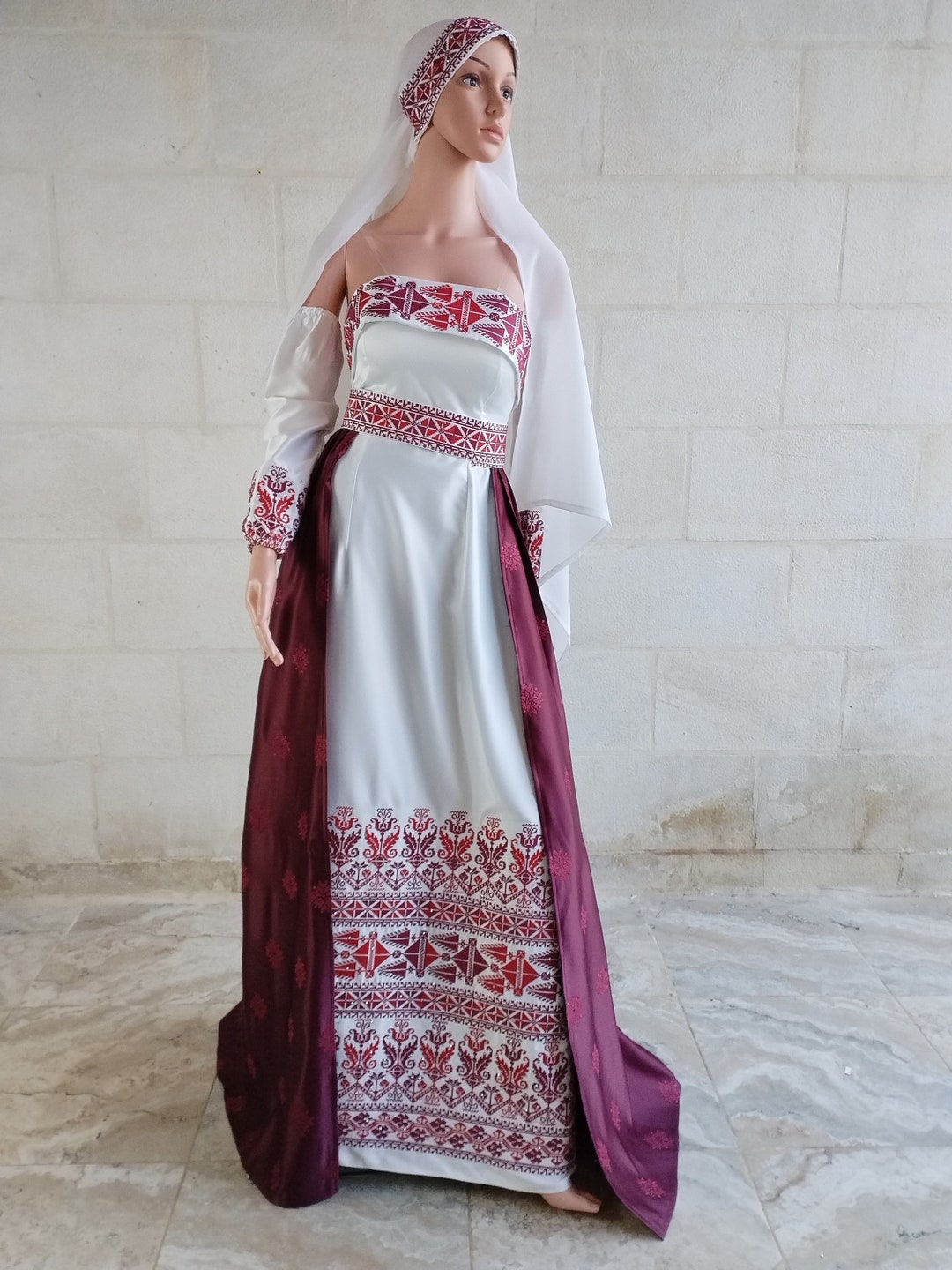 Palestinian Thobe Bridal Tatreez Embroidery Wedding Red and White Satan ...