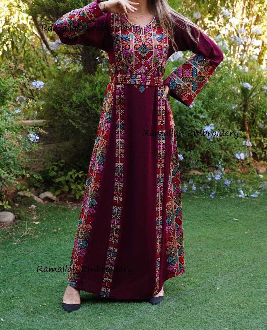 Palestinian Thobe Tatreez Embroidery Front and Back Six Strips Burgundy ...