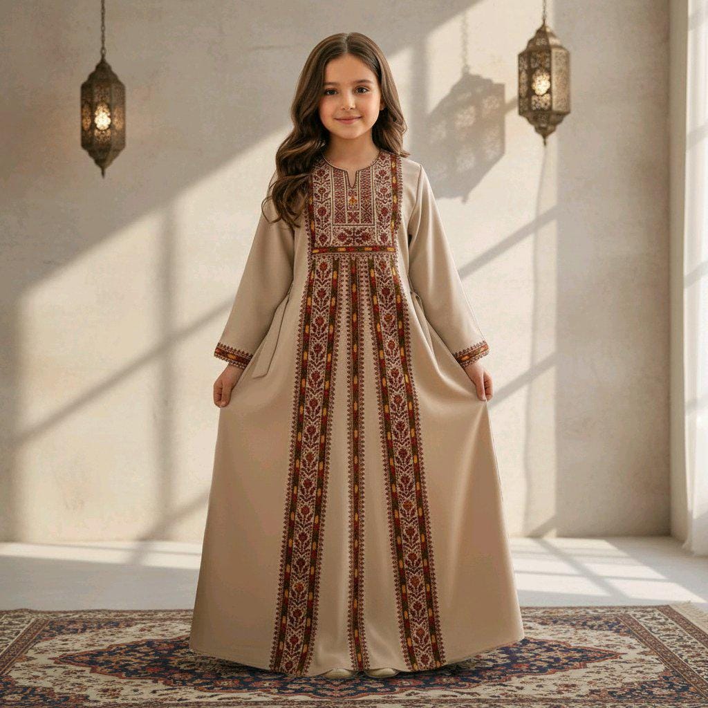 Palestinian Thobe Tatreez Little Girls Dress Cappuccino With Burgundy ...