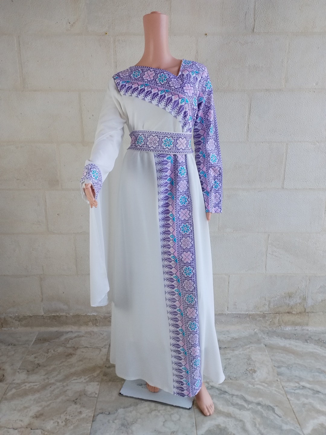 Palestinian Thobe Dress Tatreez White and Purple With Attached Ruffle ...