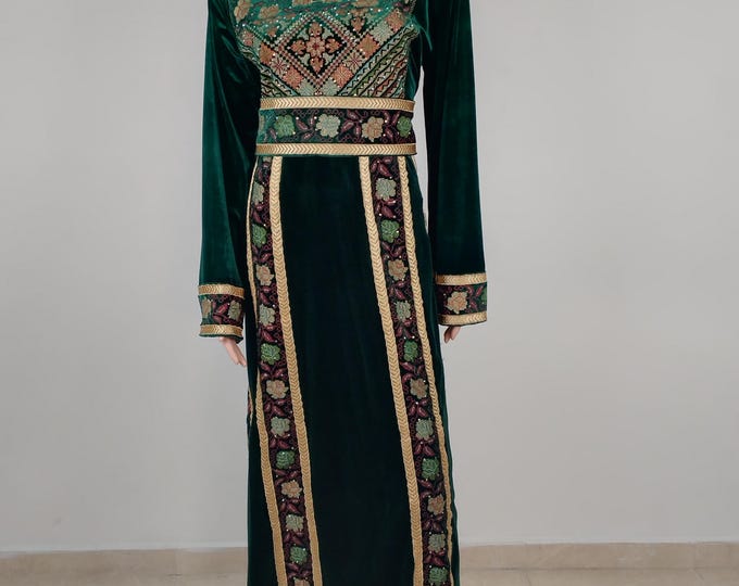 Palestinian Thobe Thob Embroidery Tatreez Green Velvet With Golden ...