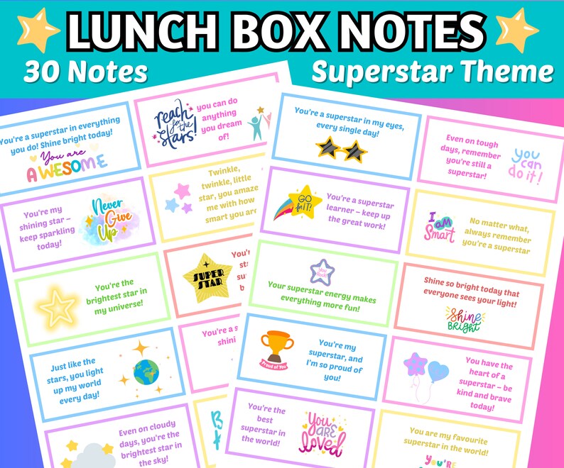 Superstar-themed Lunch Box Notes Printable | 30 Fun & Encouraging Notes ...