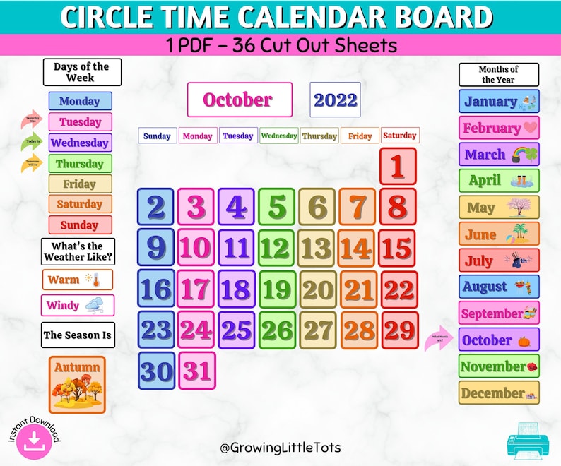 Circle Time Calendar Board Printable, Months of the Year, Days of the ...