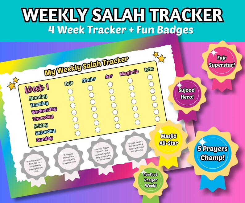 Printable Weekly Salah Tracker With Reward Badges, 4 Week Tracker - Etsy