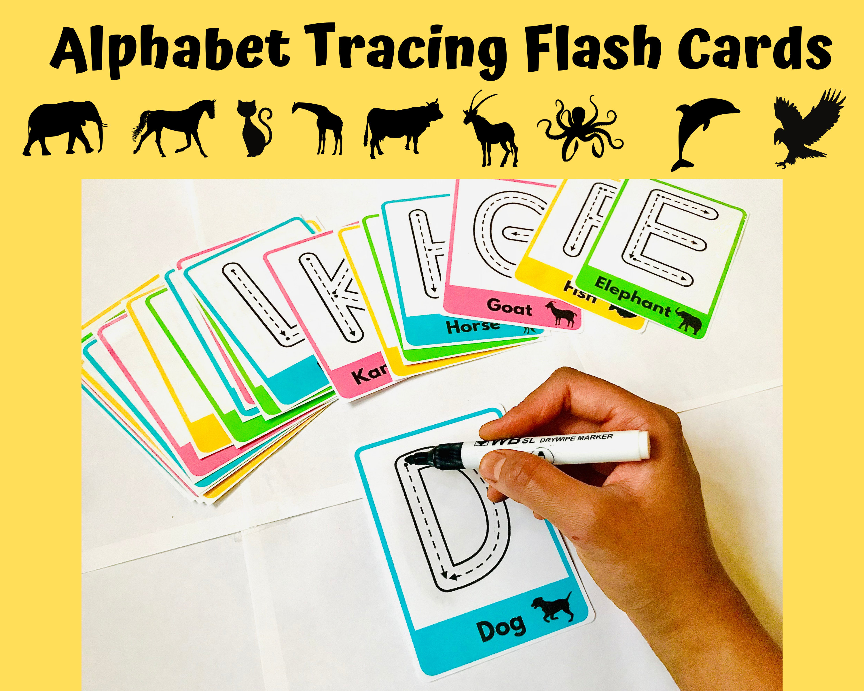 Alphabet Tracing Flash Cards, Animal Themed Flash Cards, Preschool ...